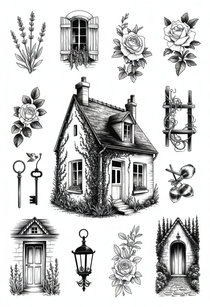 12 French Cottage Inspired Black and White Tattoos - CACTUS AND COOK